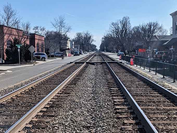Railroad tracks slice right through downtown like the town grew up around them, which it absolutely did.