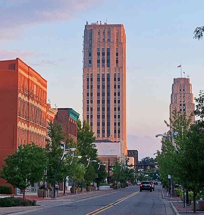 Golden hour light bathes these downtown towers, turning ordinary buildings into something worthy of a postcard.