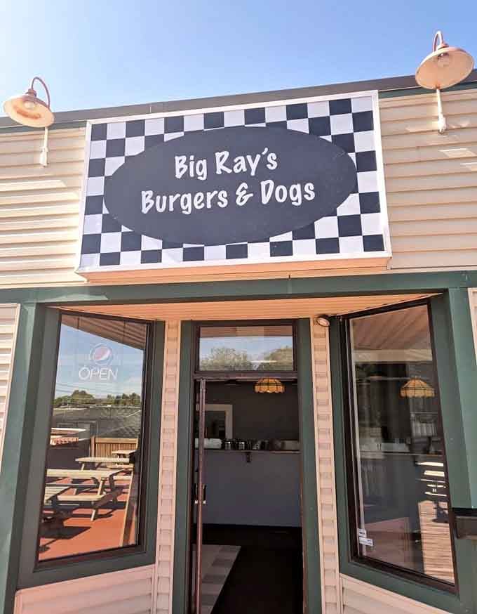 The inviting entrance and classic racing checks tell you Big Ray's takes both burgers and hot dogs equally seriously here.