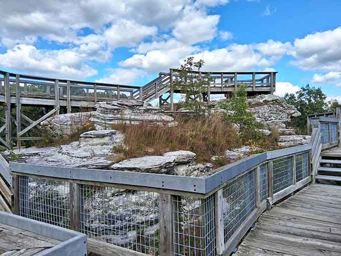Multi-level boardwalks connect rocky platforms where prairie grasses sway beneath big Midwestern skies dotted with puffy clouds.