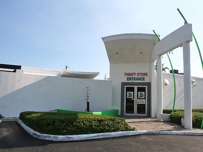 The angular architecture and manicured landscaping prove that thrift stores can be both functional and surprisingly stylish destinations.