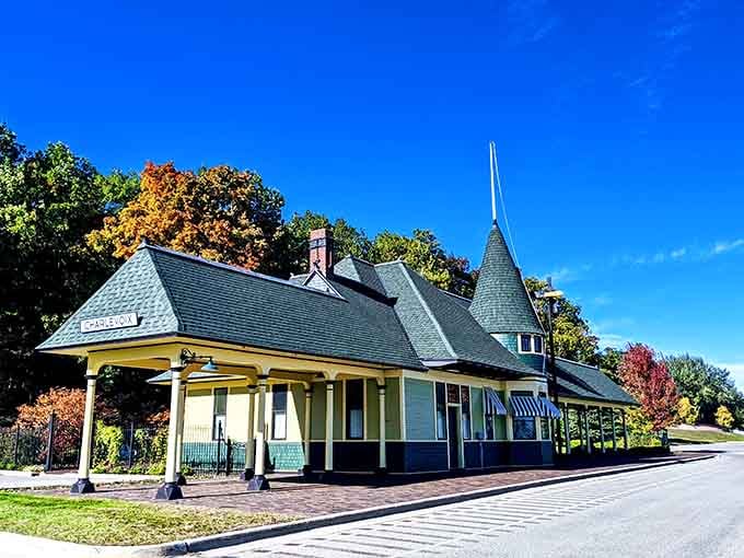 This charming Victorian station stands ready to welcome travelers, its turret pointing skyward like a friendly greeting.