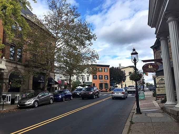 Autumn leaves peek into frame as Doylestown's tree-lined main drag charms you like an old episode of Mayberry.