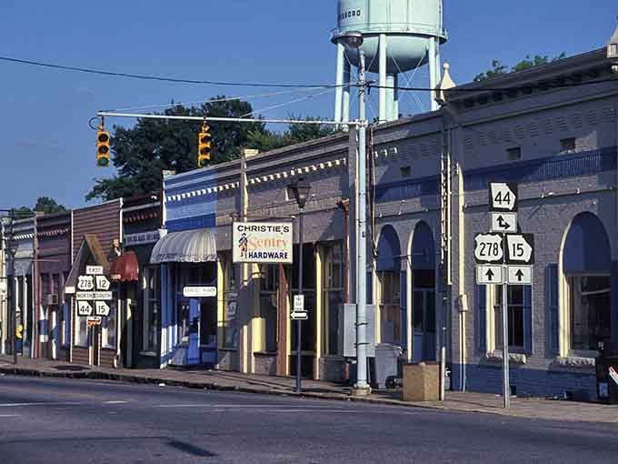 The water tower stands sentinel over storefronts that have served this community through decades of changing times and trends.