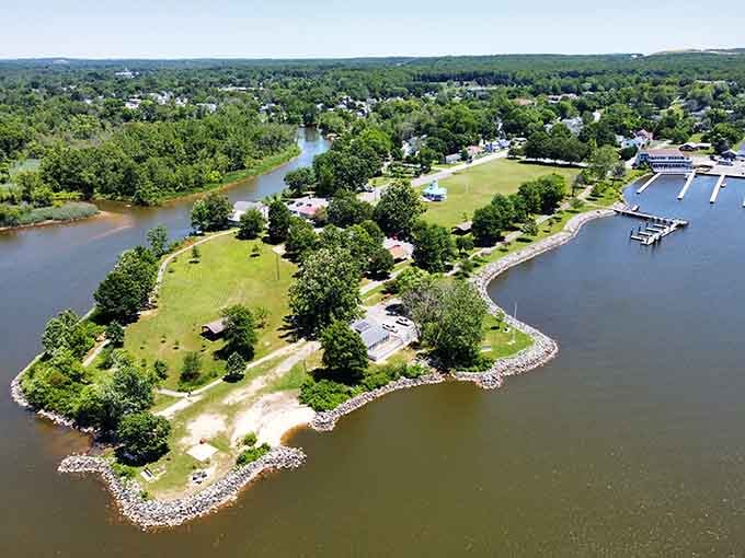 From this bird's-eye view, the rivers embrace the green peninsula like nature's own peaceful sanctuary for the soul.