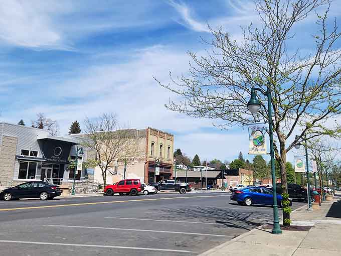 Charming lamp posts and budding trees add character to a downtown that's refreshingly free of chain stores.
