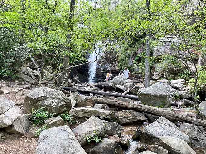 The rocky approach to this cascade feels like an obstacle course designed by Mother Nature herself.