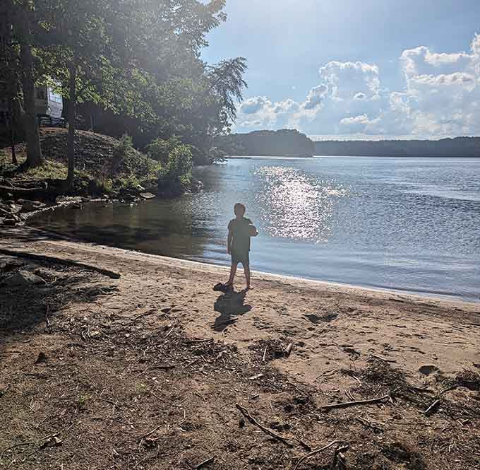 Sunlight dances across the lake as a young explorer discovers the simple joy of sand between the toes.