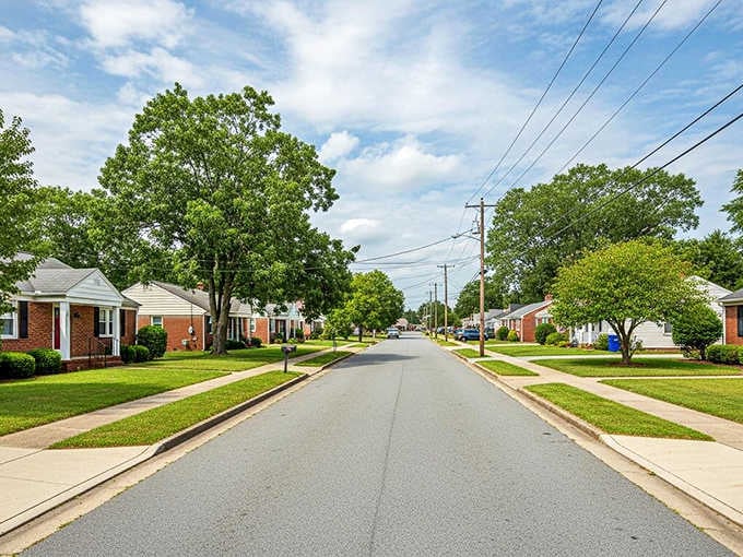 A peaceful residential street with mature trees proves that suburban life can still feel like a real neighborhood.