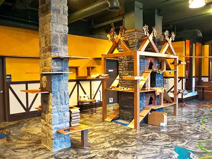 Geometric cat towers rise like modern art installations, creating a playground where kitties rule and humans simply visit admiringly.