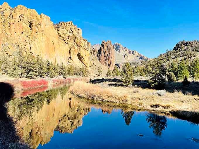 Morning light paints these volcanic cliffs in shades of amber and gold, reflected perfectly in the calm water.