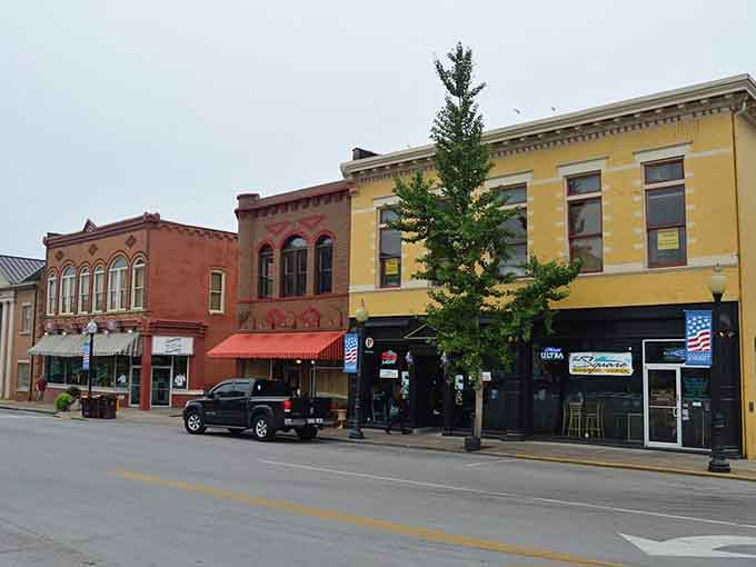 These painted storefronts pop like a box of crayons, each color choice reflecting the personality of independent local businesses.
