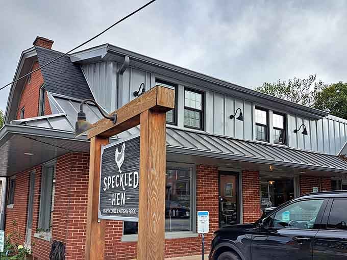 Modern farmhouse meets classic brick in a building that blends old-world charm with contemporary breakfast innovation beautifully.