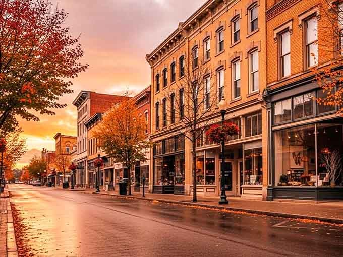 That dramatic sunset sky turns ordinary storefronts into something magical, like nature's own Instagram filter at work.