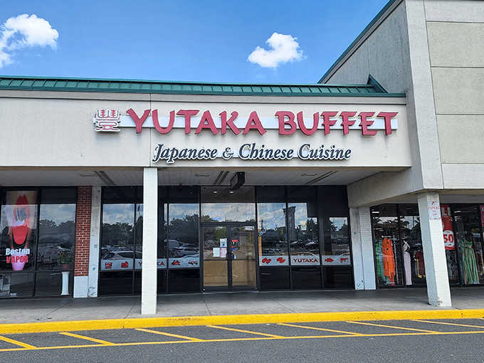 The clean exterior and bold signage promise fresh sushi and classic Chinese dishes waiting just beyond those welcoming doors.