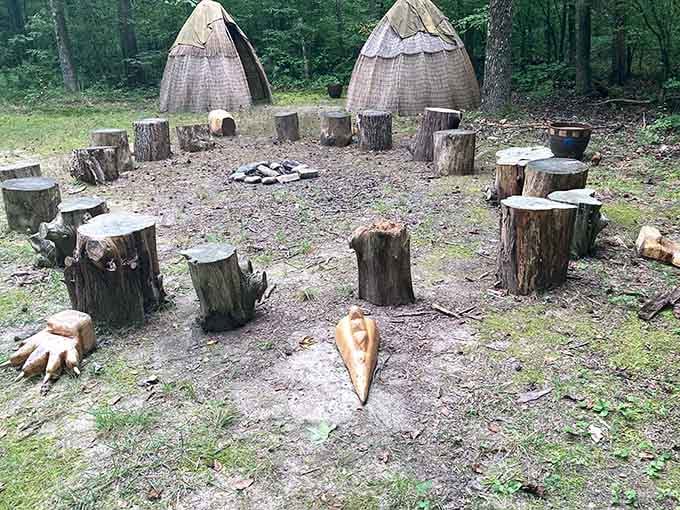 Traditional structures and stumps arranged in circles speak to gathering traditions older than our hurried modern lives.