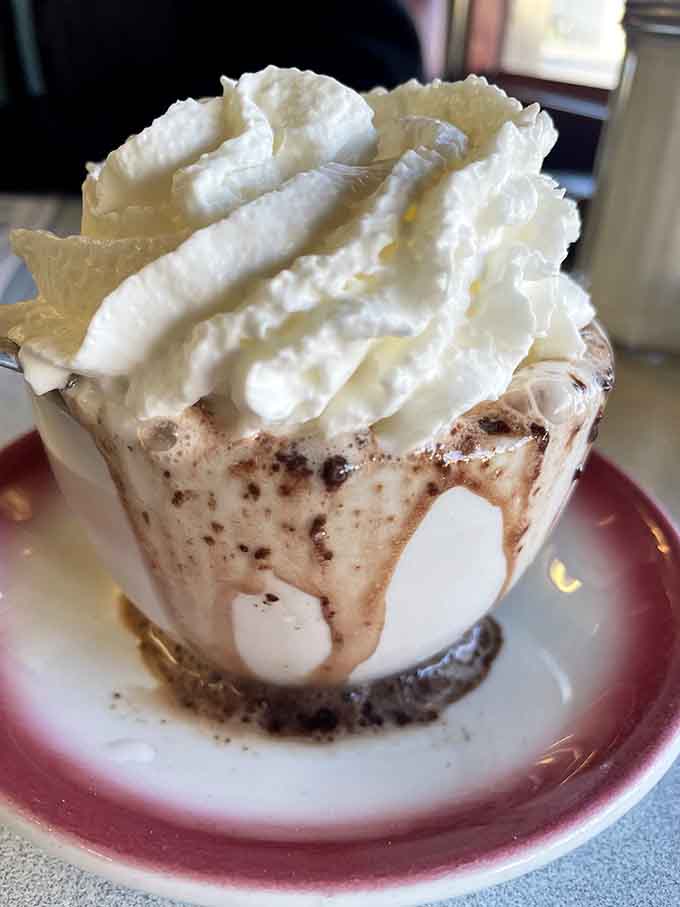 Hot chocolate piled high with whipped cream, because adulting means you can order dessert first.
