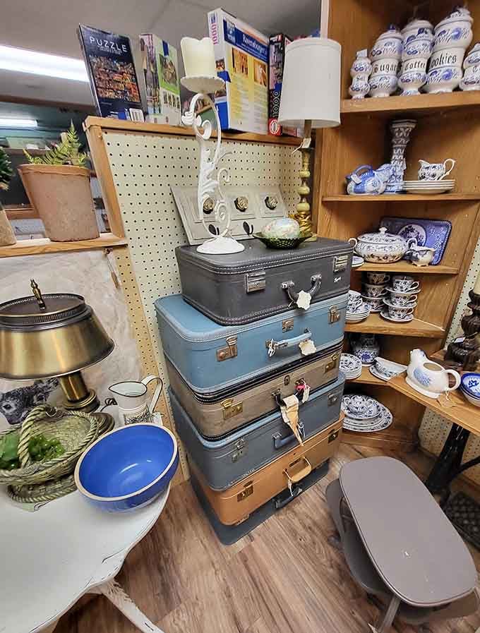 Stacked vintage suitcases tell silent stories of journeys taken and adventures had across decades of American travel.