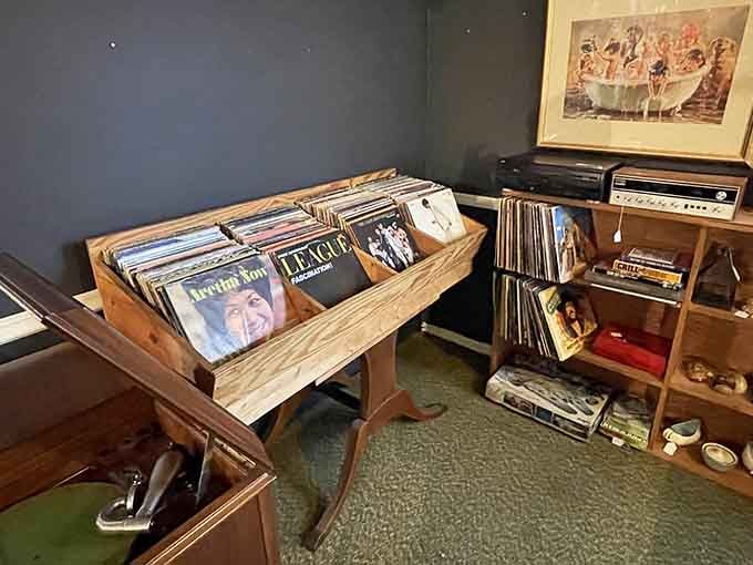 Vinyl records waiting to spin again, from Aretha to Zeppelin, each album a time capsule.