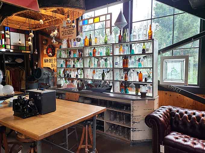 Colorful bottles catch the light like stained glass, transforming everyday containers into a rainbow of collectible nostalgia and charm.