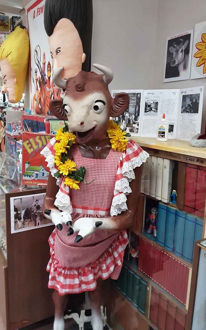 Elsie the Cow in full vintage glory, complete with flowers, representing an era of cheerful advertising.
