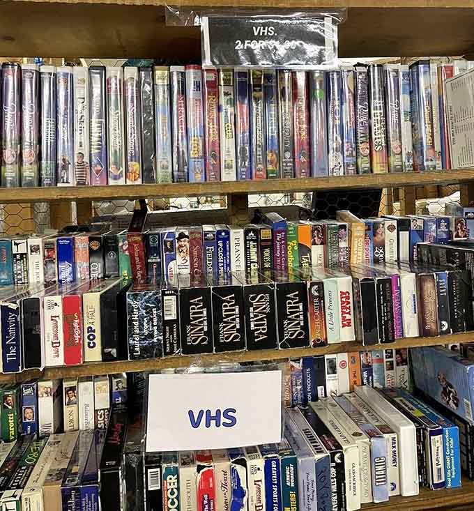 VHS tapes stand at attention, relics from when "be kind, rewind" was the golden rule of movie night etiquette.