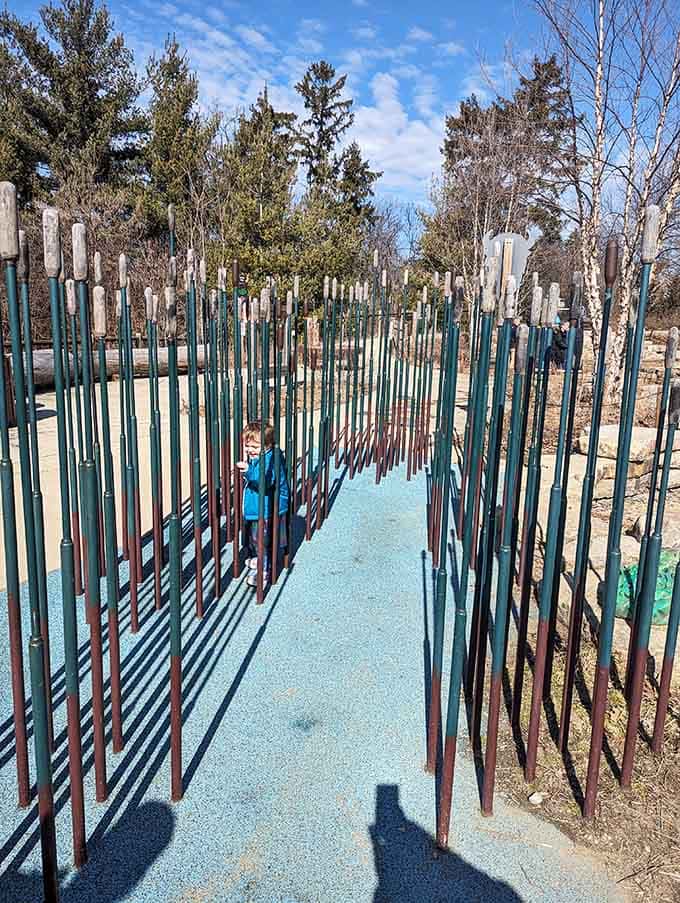 Vertical metal poles create forest-like pathways, turning simple walks into imaginative journeys through enchanted woods and beyond.