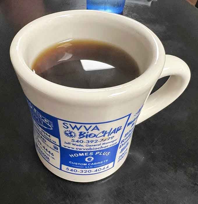 Coffee served in a proper mug, because some traditions are too important to mess with unnecessarily.