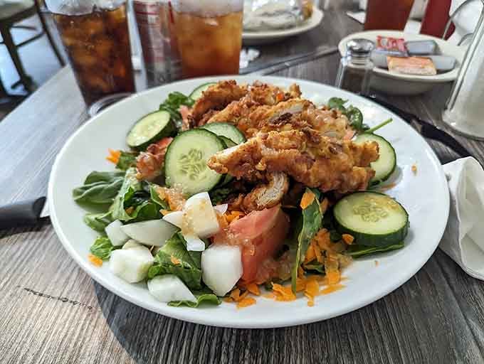 A Cobb salad with fried chicken strips proves this place doesn't discriminate&mdash;lunch gets the same love as breakfast.