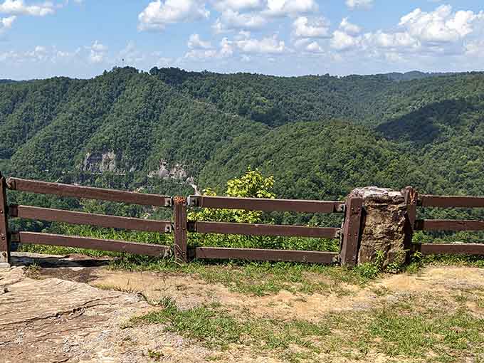 Wooden railings framing a view that makes you understand why people used to paint landscapes before Instagram existed.