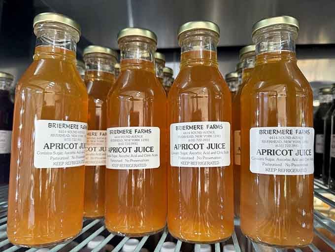 Fresh-pressed apricot juice in glass bottles – because sometimes the farm stand extras are just as special as the pies.