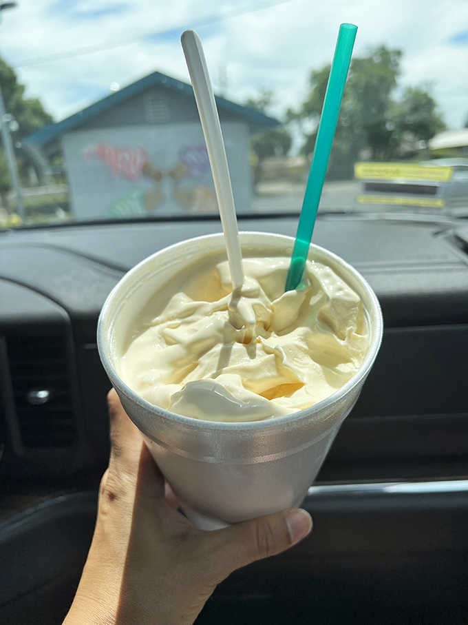 Soft-serve swirled high enough to require engineering skills, because moderation is for people without functioning taste buds.