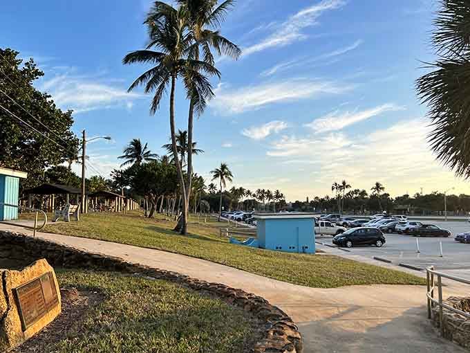 Palm trees and parking lots coexisting peacefully, proving that paradise can include practical amenities too.