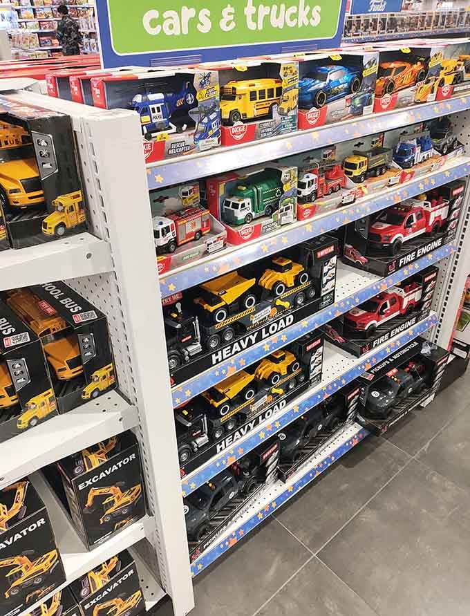 Toy aisles packed with cars and trucks, because grandkids need spoiling and you need their undying affection.