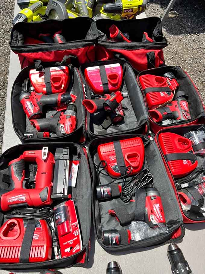 Milwaukee power tools organized in cases so pristine you'll feel guilty getting sawdust on them later today.