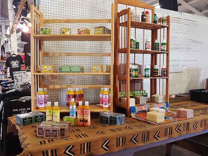 Natural soaps and lotions displayed like edible treats, though please resist the urge to taste-test the lavender bars.