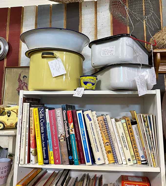 Enamelware pots in cheerful yellow remind us that even cookware used to have more personality than most people today.