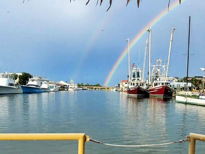 After the rain comes the reward: a double rainbow arching over the marina like nature's own celebration of good times.