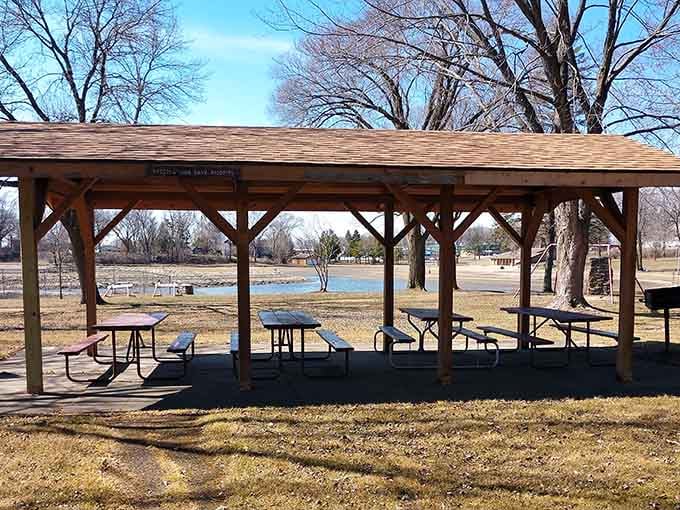 Solid shelter, lake views, and enough picnic tables to host your entire extended family without drama.