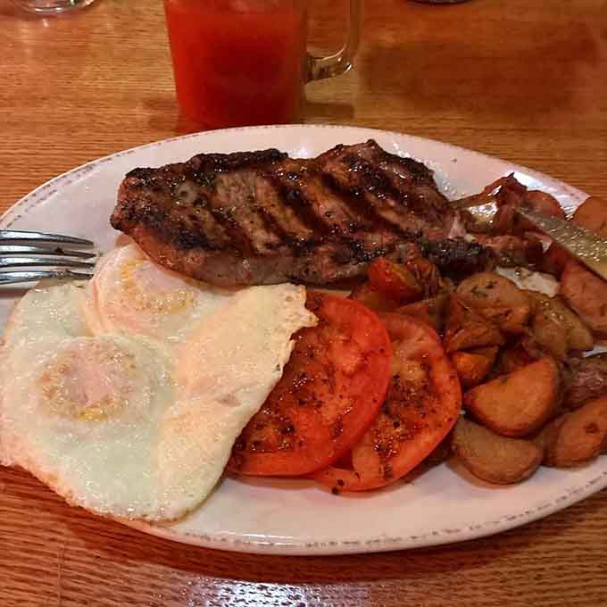 Grilled steak with eggs and home fries for brunch proves breakfast doesn't have to be dainty or delicate.