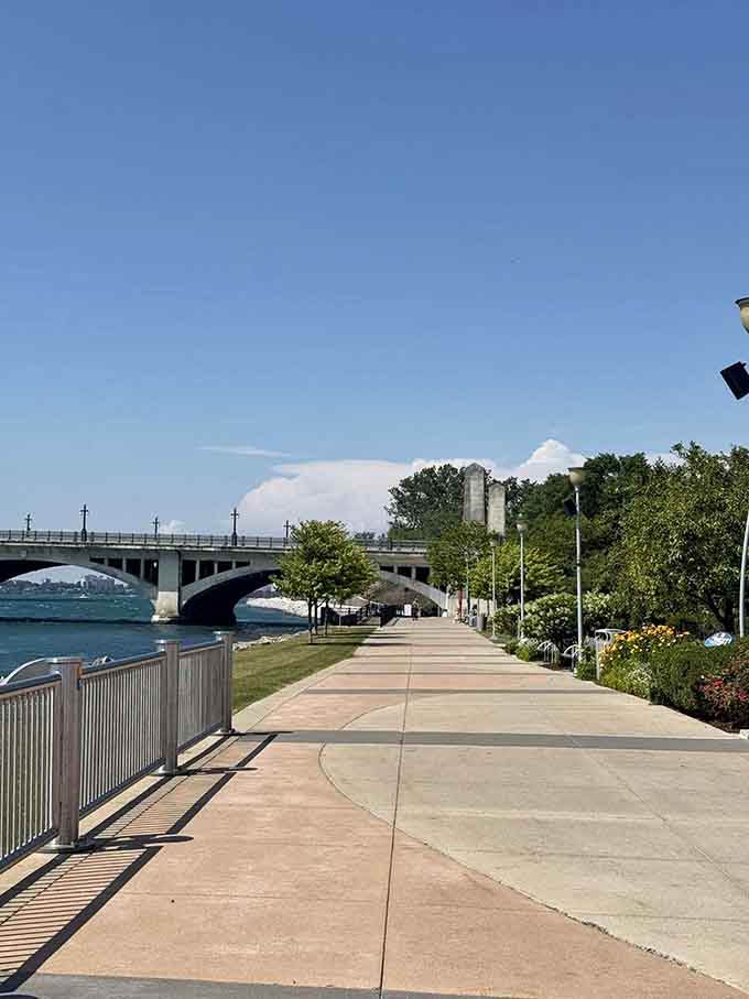 The Belle Isle Bridge frames the path ahead like a postcard come to life on sunny days.