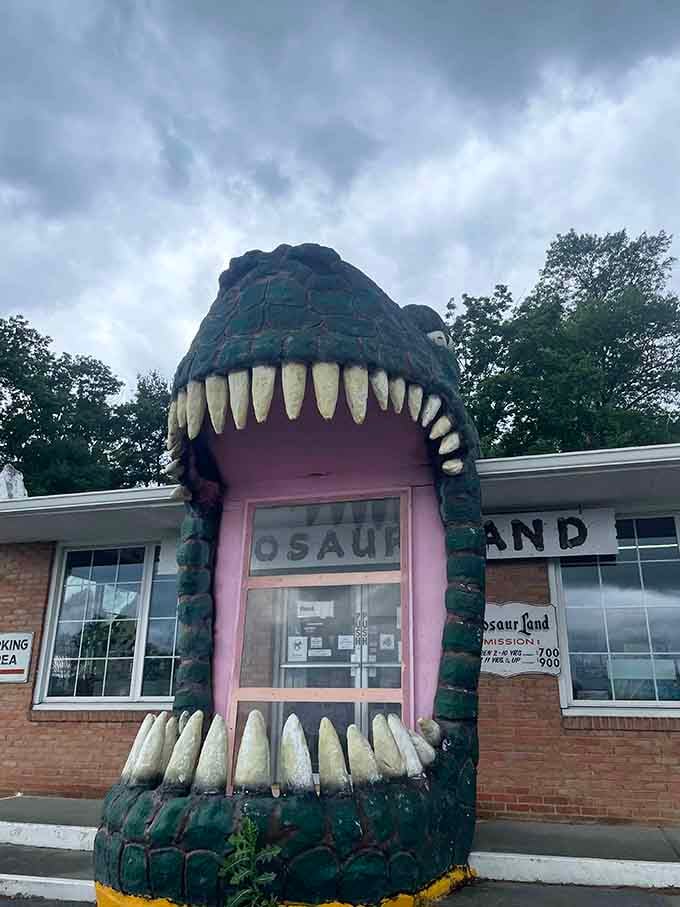 Walking through a T-Rex's mouth to enter the gift shop is peak roadside attraction energy right here.