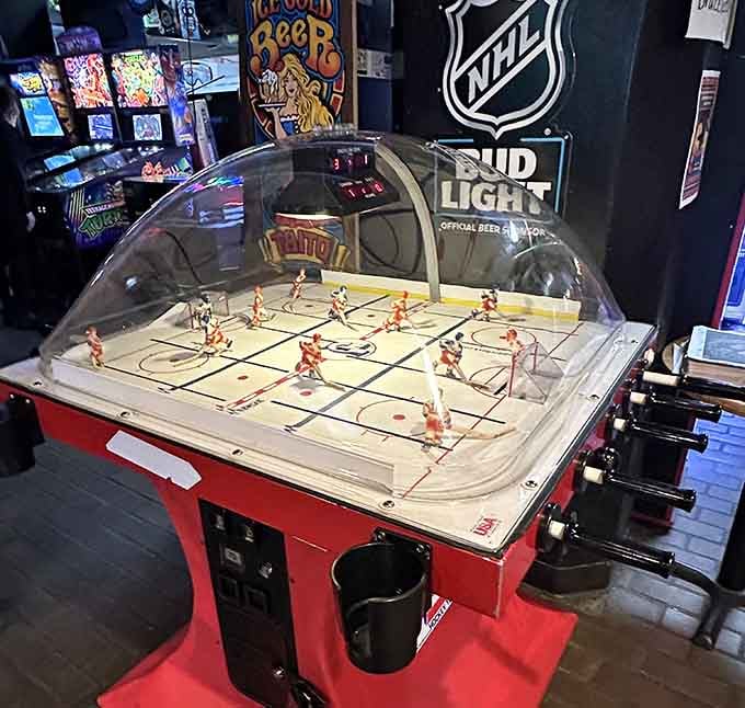 Bubble hockey brings the ice rink indoors, complete with tiny players and the kind of competition that gets surprisingly intense.