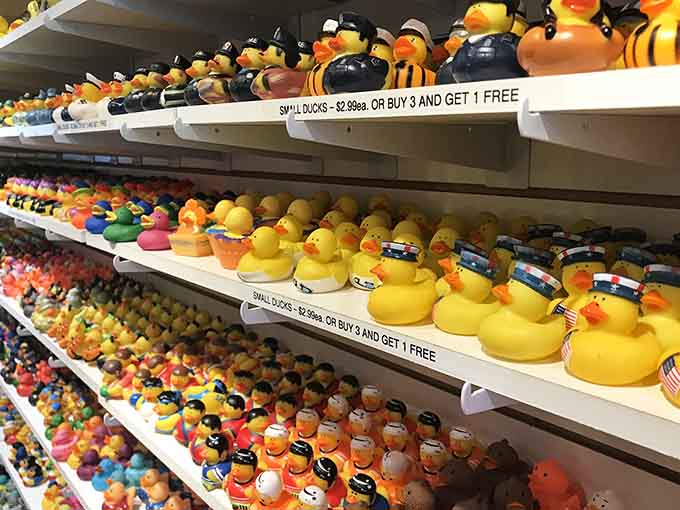 Police ducks, firefighter ducks, and patriotic ducks line up like the world's cutest and squeakiest first responder convention.