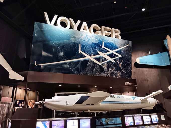 Voyager's around-the-world flight without refueling still seems impossible, yet here's the proof hanging overhead majestically.