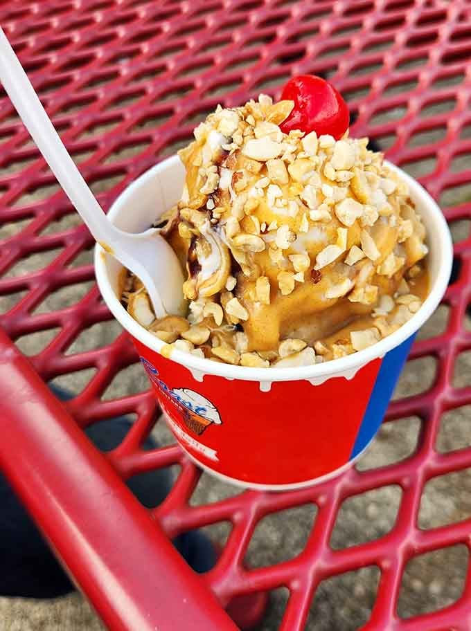 Peanut butter sundae topped with nuts and a cherry because sometimes more is actually more, not less.