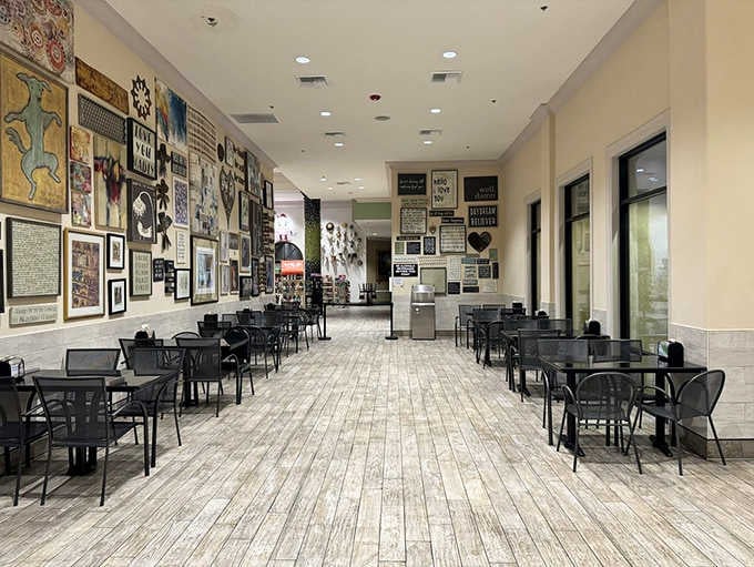 A proper dining area with walls covered in memorabilia, because eating jerky deserves some atmosphere.