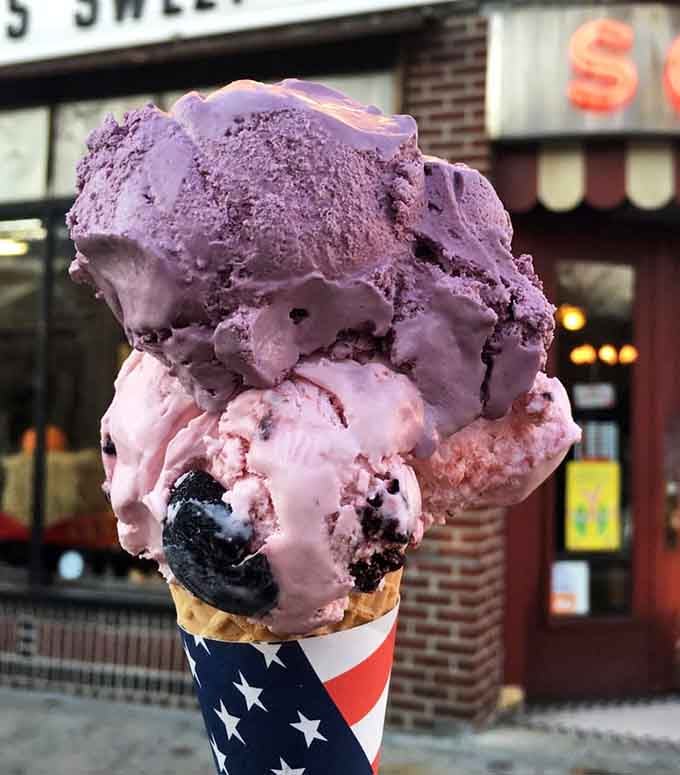 Purple and pink scoops tower together like a Dr. Seuss illustration that somehow became deliciously edible reality.