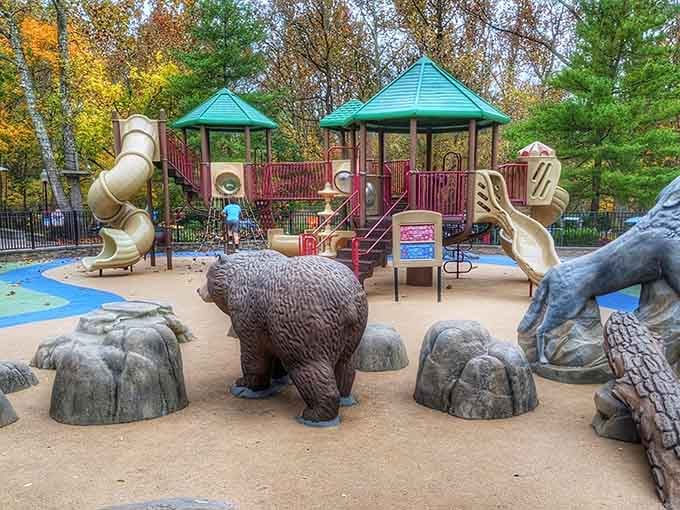 The playground's animal-themed climbing structures let kids burn energy while parents catch their breath on nearby benches.