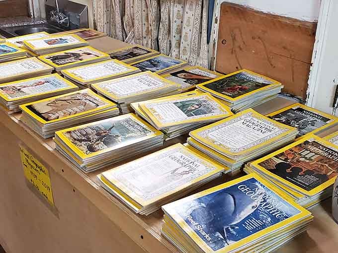 National Geographic magazines offer worldly escapes while you browse through this slice of Americana heaven.